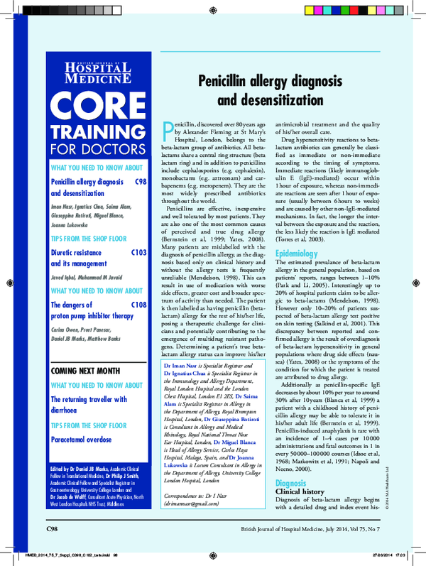 Pdf Penicillin Allergy Diagnosis And Desensitization Ignatius Chua