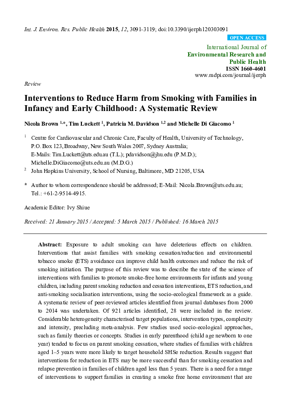 (PDF) Interventions to Reduce Harm from Smoking with Families in Infancy and Early Childhood: A ...