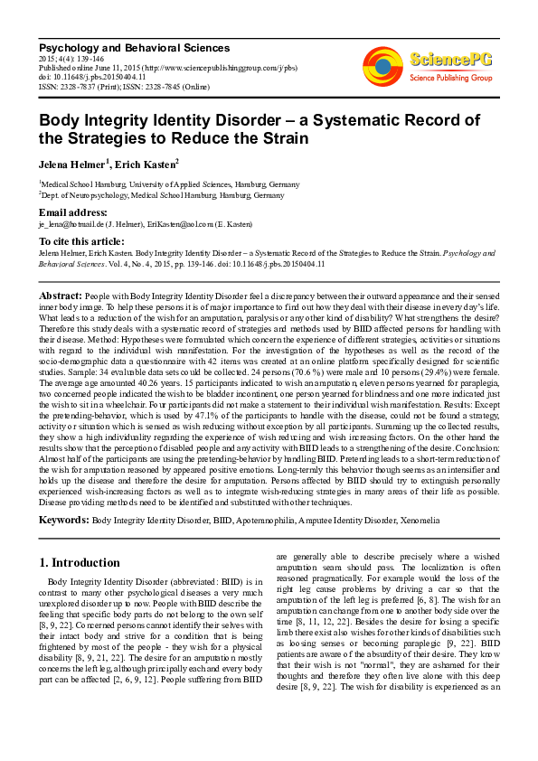 (PDF) Body Integrity Identity Disorder – a Systematic Record of the ...