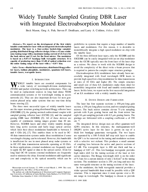 (PDF) Widely tunable sampled grating DBR laser with integrated electroabsorption modulator
