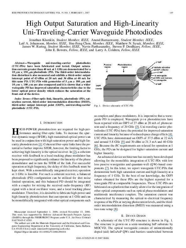 (PDF) High Output Saturation and High-Linearity Uni-Traveling-Carrier Waveguide Photodiodes