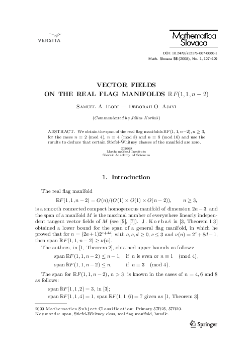 (PDF) Vector fields on the real flag manifolds ℝF(1, 1, n − 2 ...