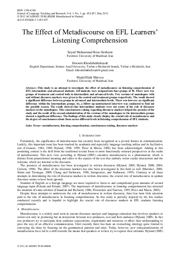 (PDF) The Effect of Metadiscourse on EFL Learners’ Listening Comprehension