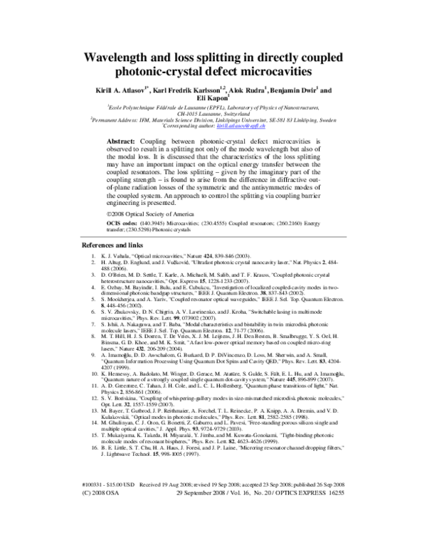 (PDF) Wavelength and loss splitting in directly coupled photonic ...