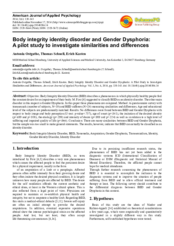 (PDF) Body integrity identity disorder and Gender Dysphoria: A pilot ...