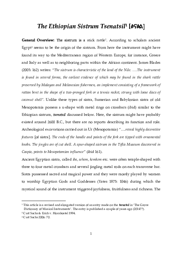 (PDF) Timkehet Teffera (2016). The Ethiopian Sistrum Tsenatsil [ፅናፅል].
