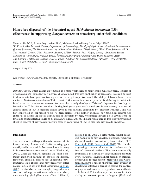 (PDF) Honey bee dispersal of the biocontrol agent Trichoderma harzianum T39: effectiveness in ...