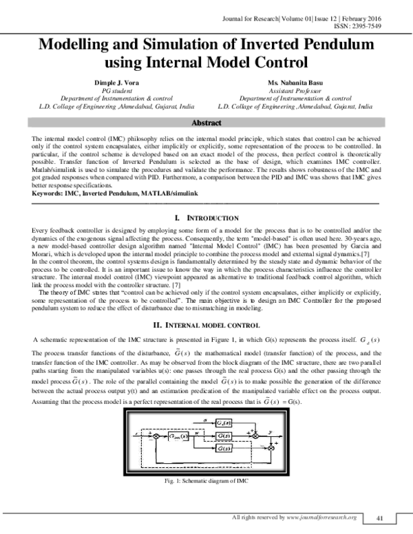 Pdf Modelling And Simulation Of Inverted Pendulum Using Internal Model Control