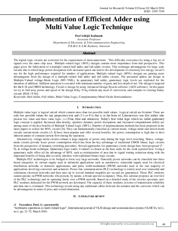 Pdf Implementation Of Efficient Adder Using Multi Value Logic Technique