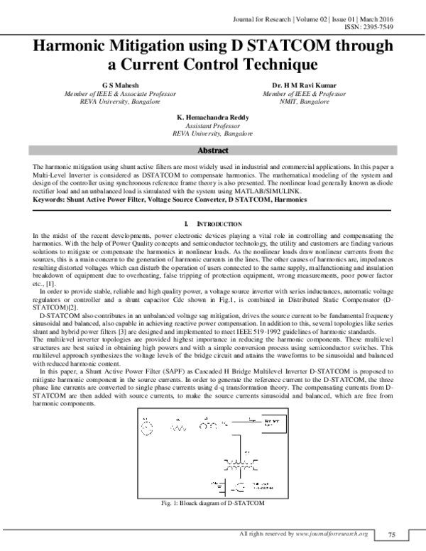 (PDF) Harmonic Mitigation using D STATCOM through a Current Control Technique