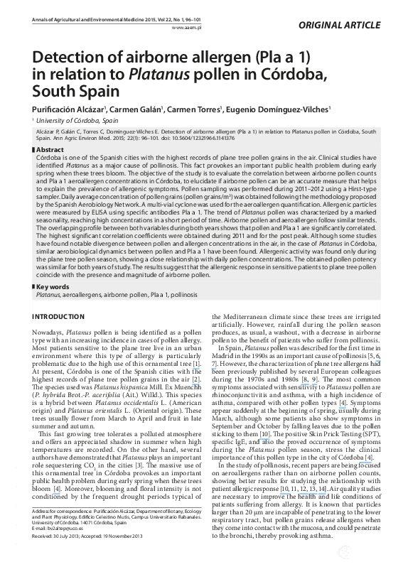 (PDF) Detection of airborne allergen (Pla a 1) in relation to Platanus pollen in Córdoba, South ...