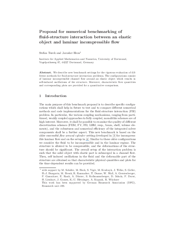 Pdf Proposal For Numerical Benchmarking Of Fluid Structure Interaction Between An Elastic