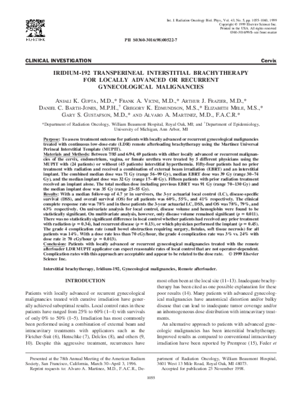 (PDF) Iridium-192 transperineal interstitial brachytherapy for locally ...