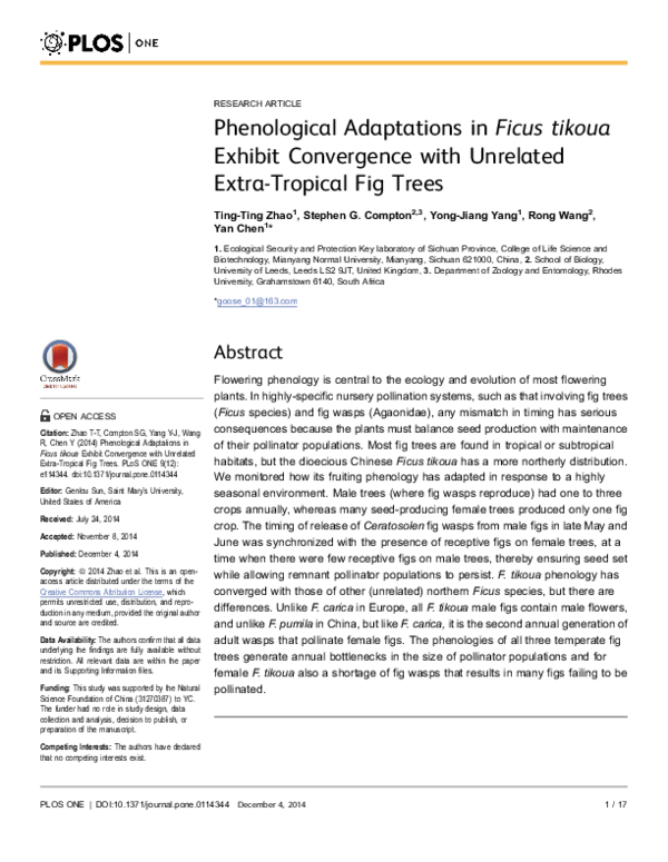 (PDF) Phenological adaptations in Ficus tikoua exhibit convergence with ...