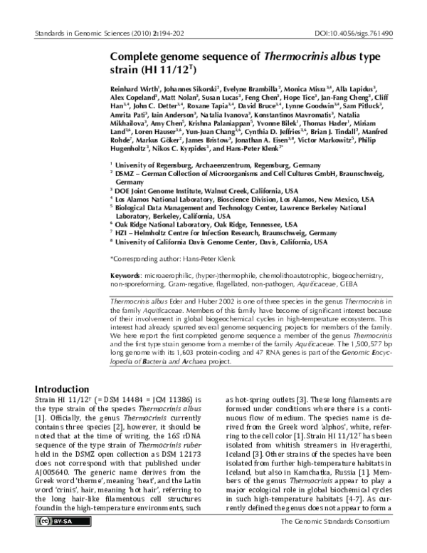 (PDF) Complete genome sequence of Thermocrinis albus type strain (HI 11 ...