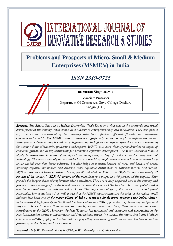 (PDF) Problems and Prospects of Micro, Small & Medium Enterprises (MSME ...