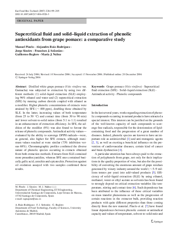 (PDF) Supercritical fluid and solid–liquid extraction of phenolic antioxidants from grape pomace ...