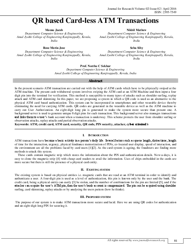 Pdf Qr Based Card Less Atm Transactions