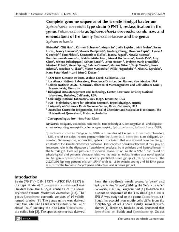 (PDF) Complete genome sequence of the termite hindgut bacterium ...