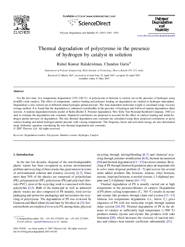 (PDF) Thermal degradation of polystyrene in the presence of hydrogen by ...