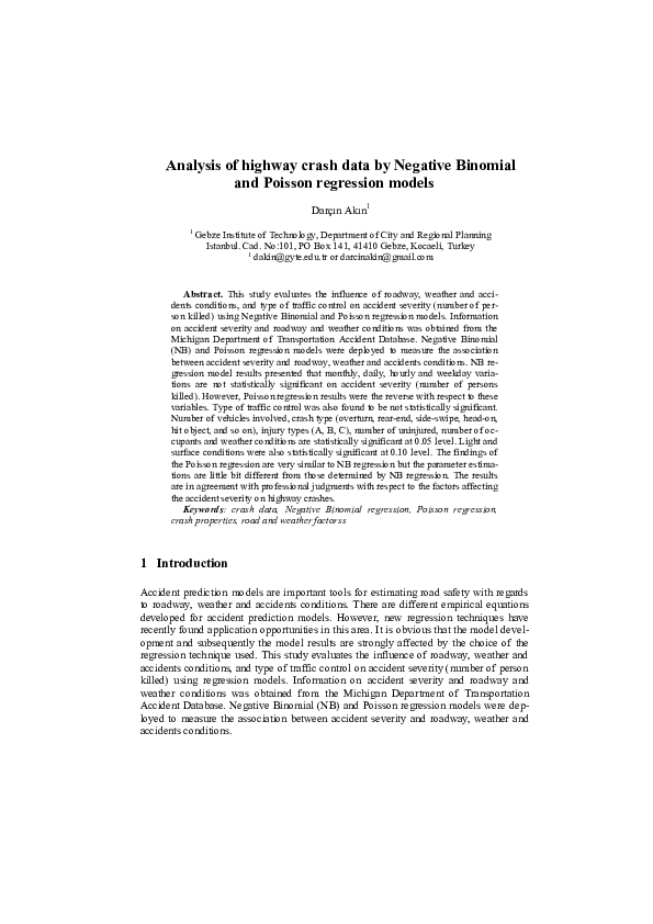Pdf Analysis Of Highway Crash Data By Negative Binomial And Poisson Regression Models