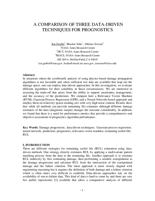 Pdf A Comparison Of Three Data Driven Techniques For Prognostics