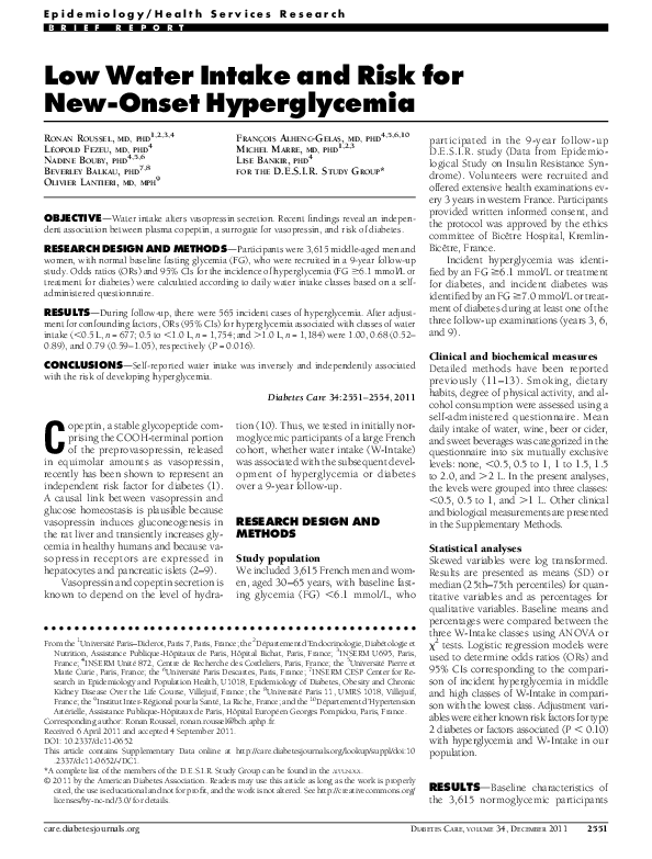 (PDF) Low Water Intake and Risk for New-Onset Hyperglycemia