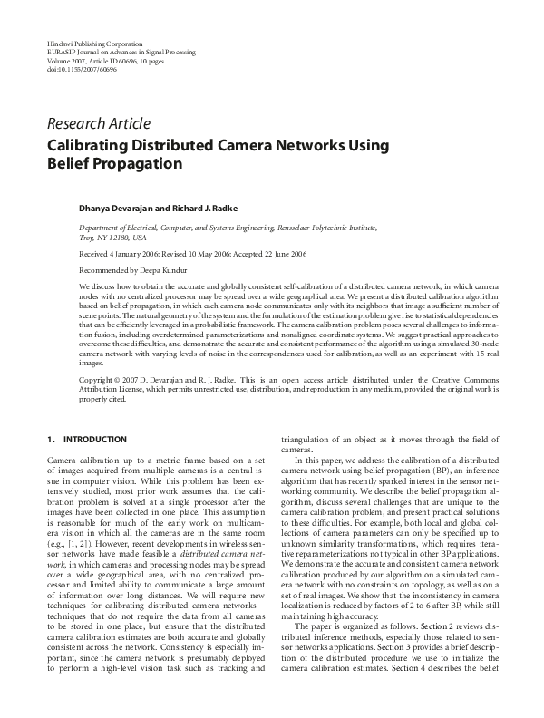 (PDF) Calibrating Distributed Camera Networks Using Belief Propagation