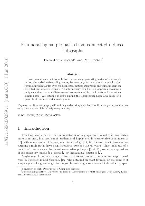 (PDF) Enumerating simple paths from connected induced subgraphs