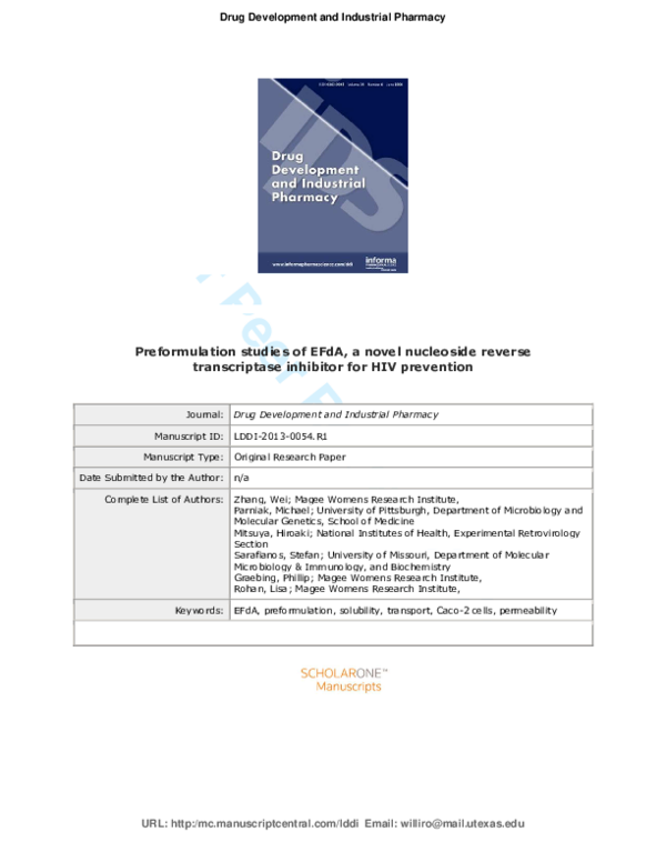 (PDF) Preformulation studies of EFdA, a novel nucleoside reverse transcriptase inhibitor for HIV ...