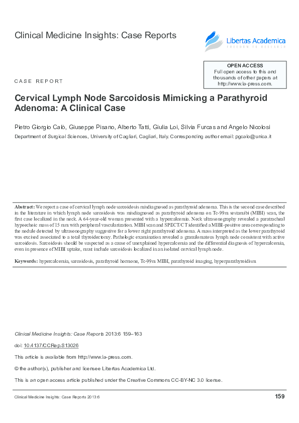 (PDF) Cervical lymph node sarcoidosis mimicking a parathyroid adenoma ...