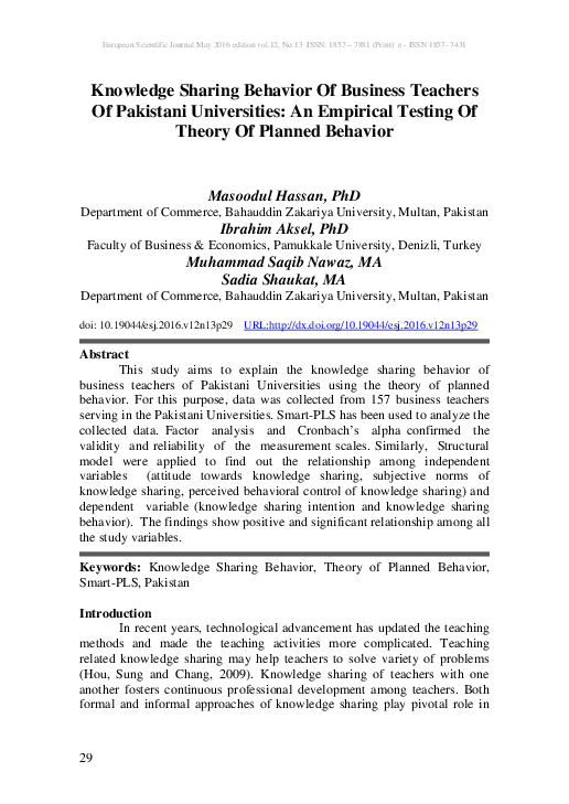(PDF) Knowledge Sharing Behavior Of Business Teachers Of Pakistani Universities: An Empirical ...