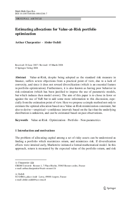 (PDF) Estimating allocations for Value-at-Risk portfolio optimization