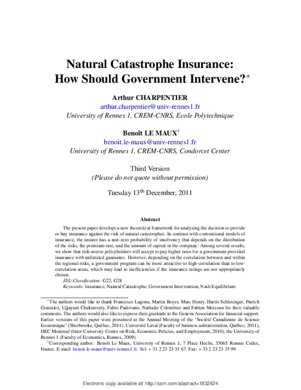 (PDF) Natural catastrophe insurance: How should the government intervene?