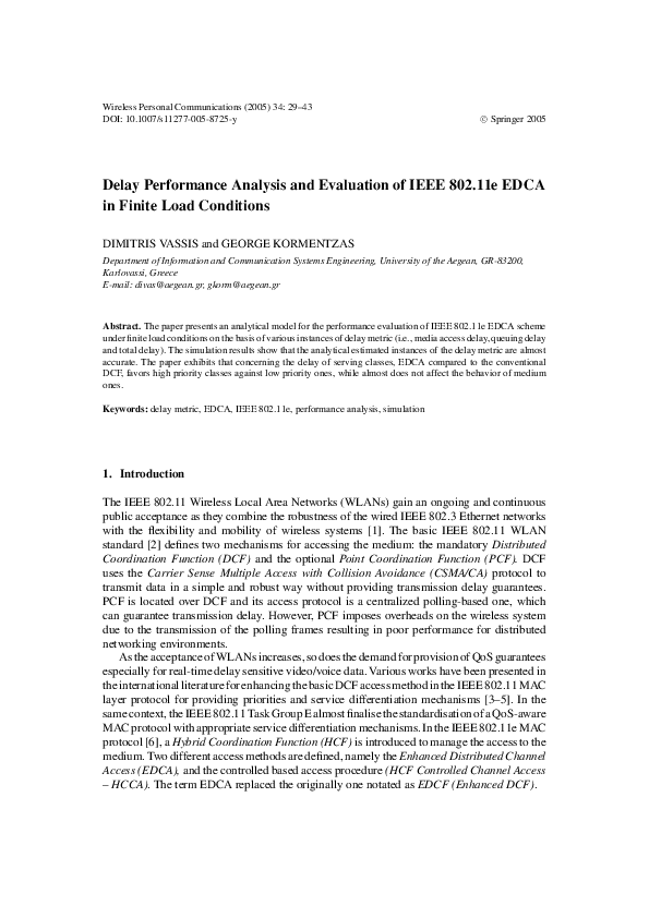 (PDF) Delay performance analysis and evaluation of IEEE 802.11 e EDCA in finite load conditions