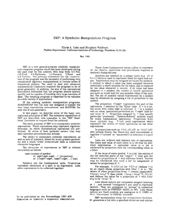 (PDF) SMP - A Symbolic Manipulation Program