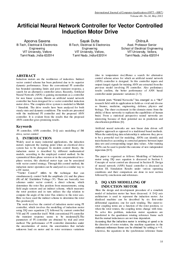 Pdf Artificial Neural Network Controller For Vector Controlled Induction Motor Drive Chitra A