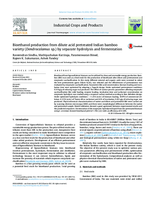(PDF) Bioethanol production from dilute acid pretreated Indian bamboo ...