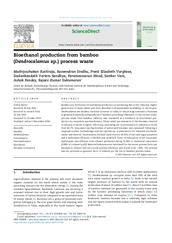 (PDF) Bioethanol production from bamboo (Dendrocalamus sp.) process waste
