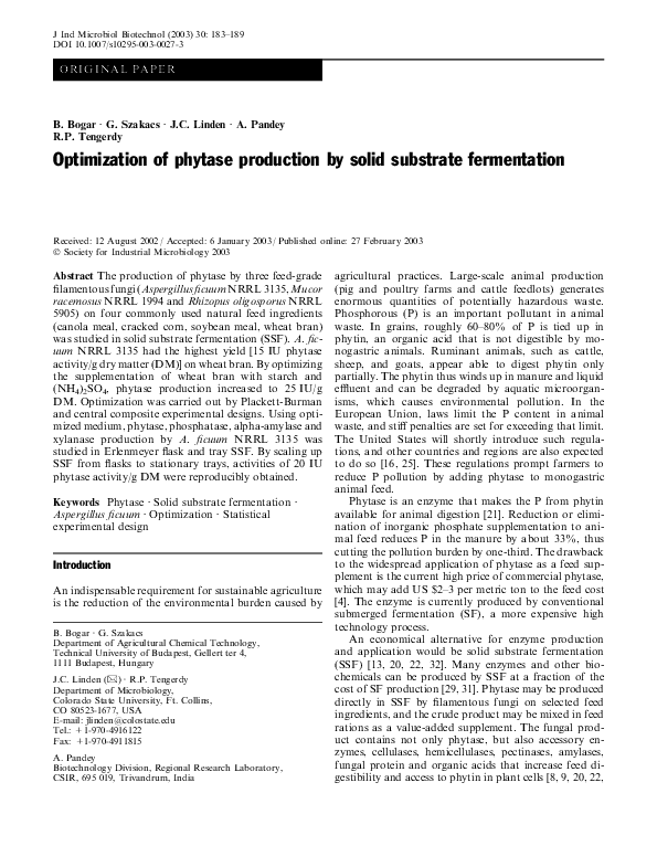 (PDF) Optimization of phytase production by solid substrate fermentation