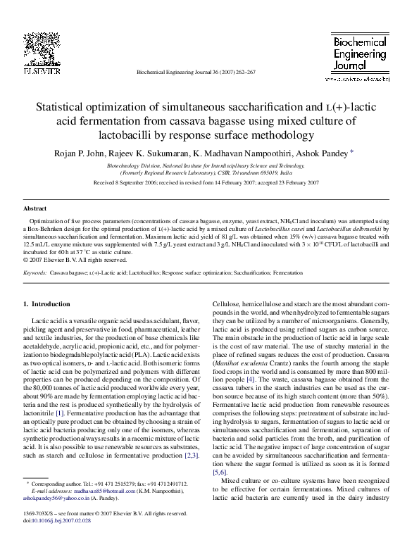 (PDF) Statistical optimization of simultaneous saccharification and l(+)-lactic acid ...