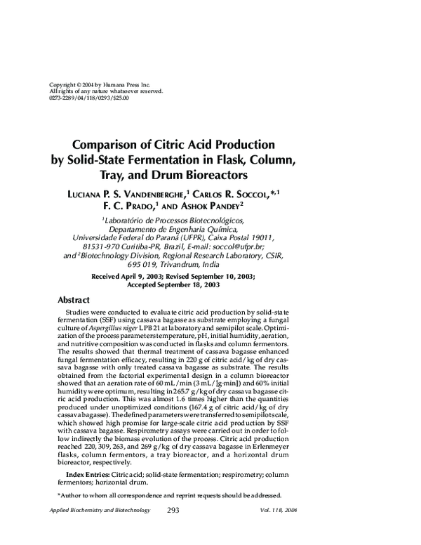 (PDF) Comparison of Citric Acid Production by Solid-State Fermentation in Flask, Column, Tray ...