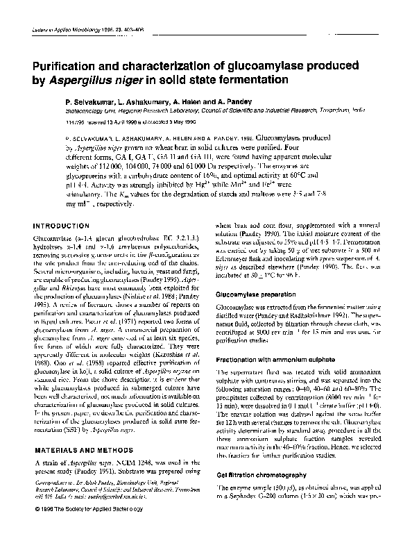 (PDF) Purification and characterization of glucoamylase produced by Aspergillus niger in solid ...
