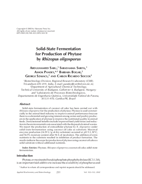 (PDF) Solid-State Fermentation for Production of Phytase by Rhizopus oligosporus