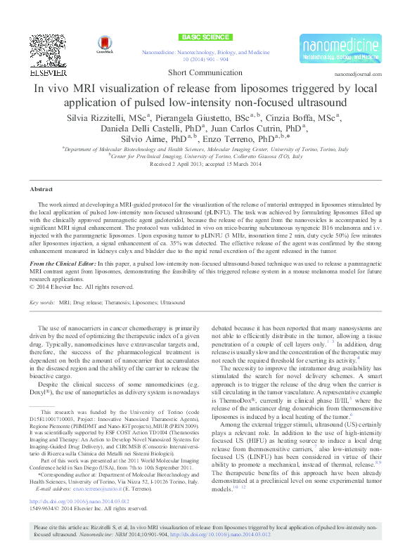 (PDF) In vivo MRI visualization of release from liposomes triggered by ...