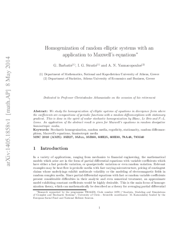 Pdf Homogenization Of Random Elliptic Systems With An Application To