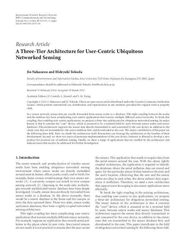 (PDF) A Three-Tier Architecture for User-Centric Ubiquitous Networked Sensing