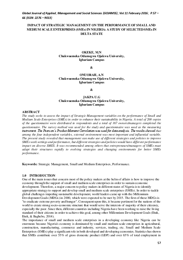 (PDF) IMPACT OF STRATEGIC MANAGEMENT ON THE PERFORMANCE OF SMALL AND MEDIUM SCALE ENTERPRISES ...