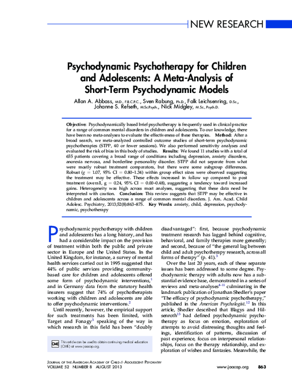 (PDF) Psychodynamic psychotherapy for children and adolescents: A meta ...