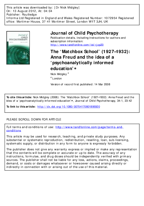 (PDF) The ‘Matchbox School’ (1927–1932): Anna Freud and the idea of a ...